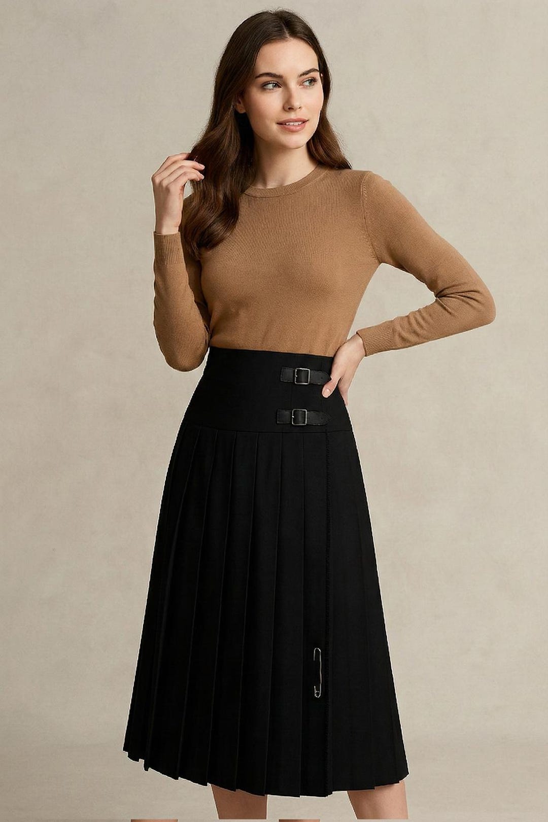 Women’s Pleated Kilt Skirt, Black Wool Kilt for Women, High Waist Midi ...