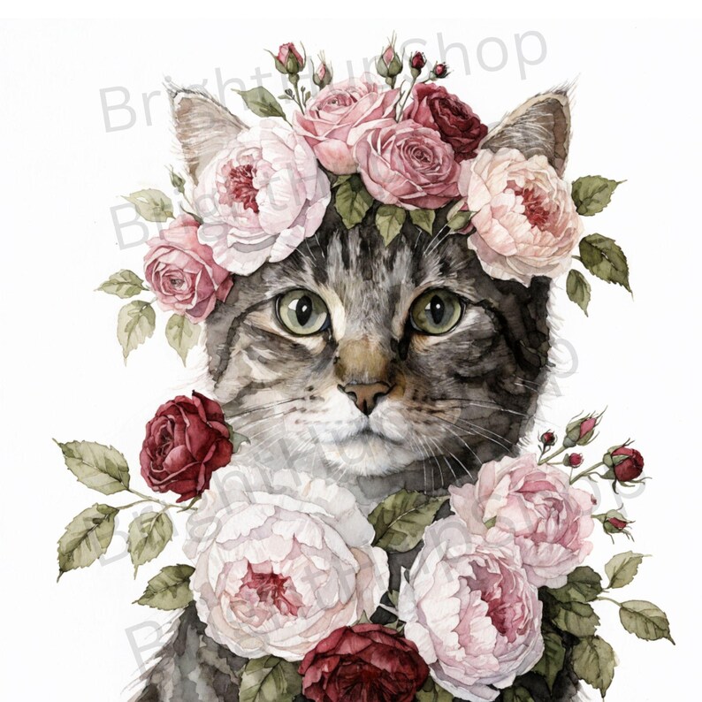 12 Floral Cat Portrait Clipart, Watercolor Feline Art, Roses Peonies ...