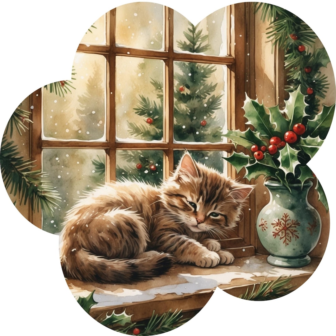 Cozy Winter Cat Clipart, Watercolor Christmas Window Art (digital ...