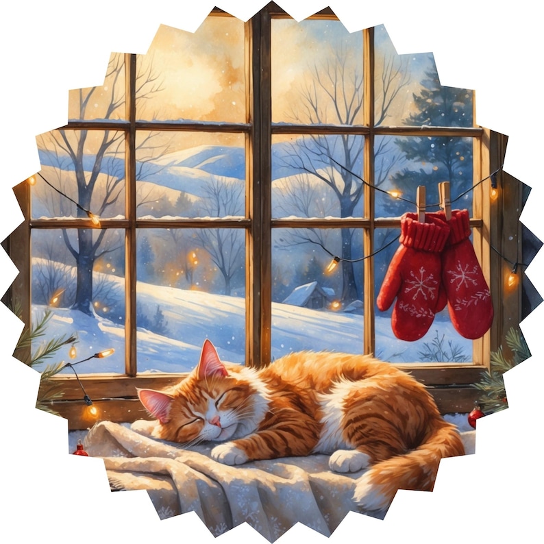 Cozy Winter Cat Clipart, Watercolor Christmas Window Art (digital ...