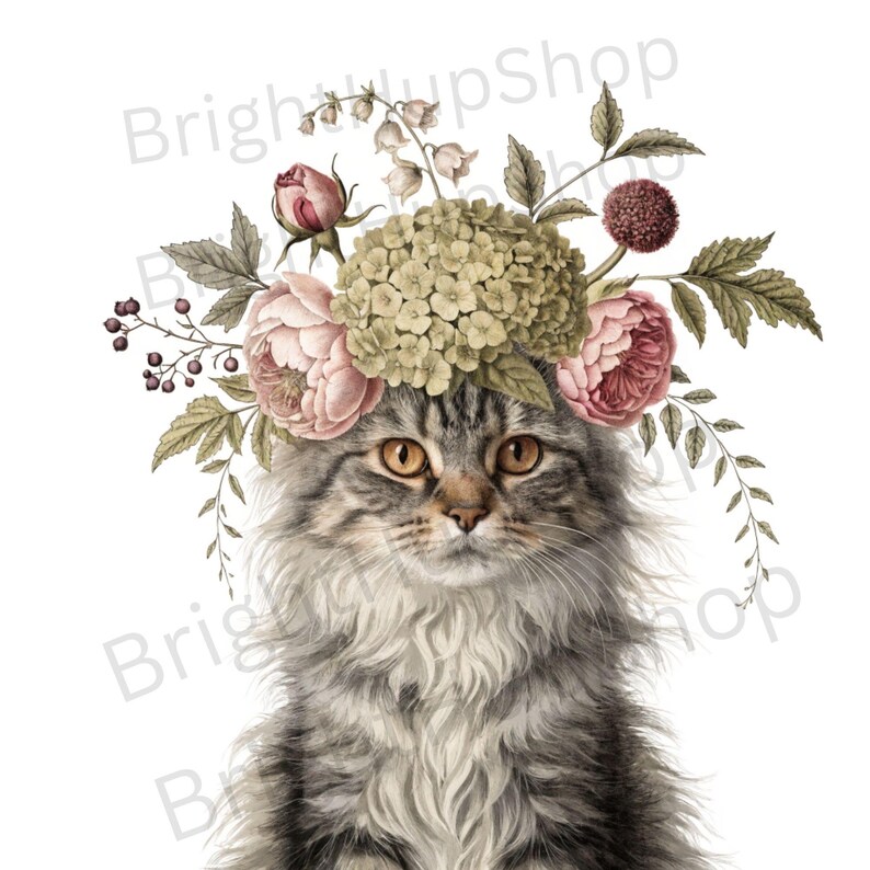 12 Floral Cat Portrait Clipart, Watercolor Feline Art, Roses Peonies ...
