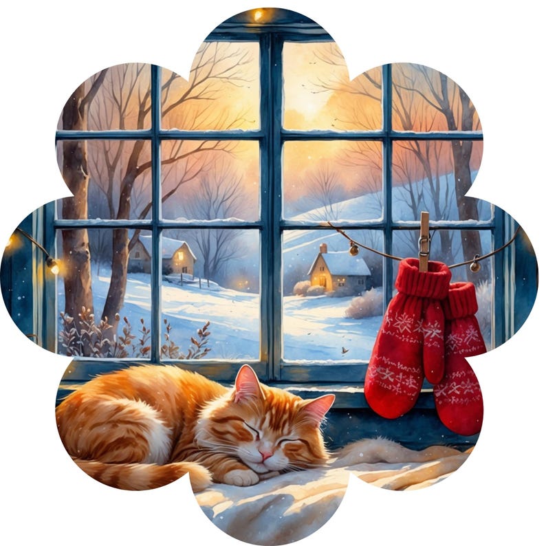 Cozy Winter Cat Clipart, Watercolor Christmas Window Art (digital ...