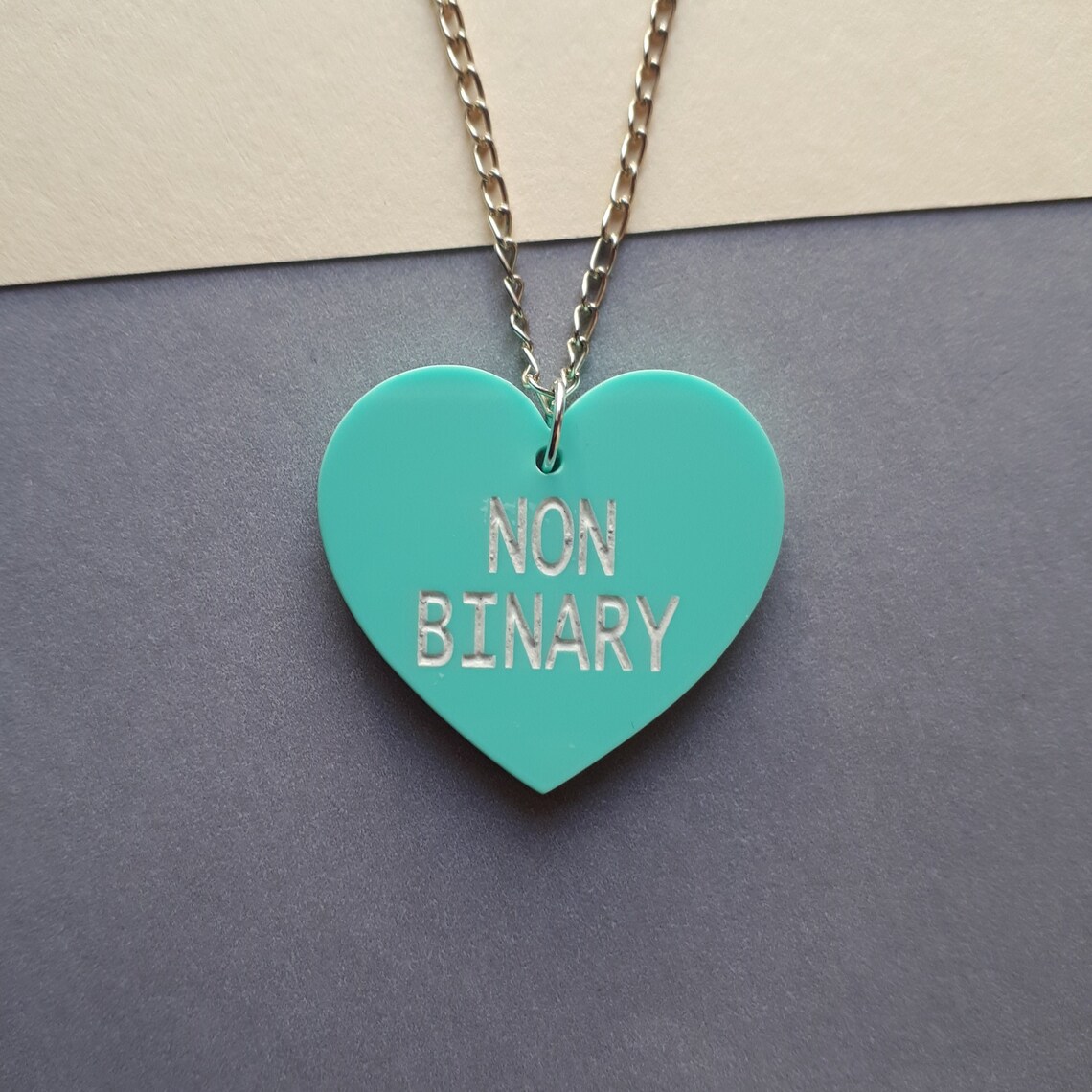 Non Binary Heart Necklace Pale Green Candy Heart Laser Cut - Etsy UK