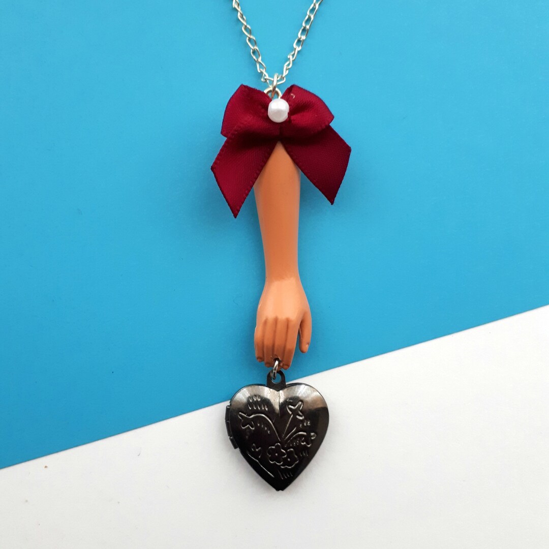 Barbie Doll Right Handed Arm Heart Locket Necklace ~ Red Ribbon Bow ...