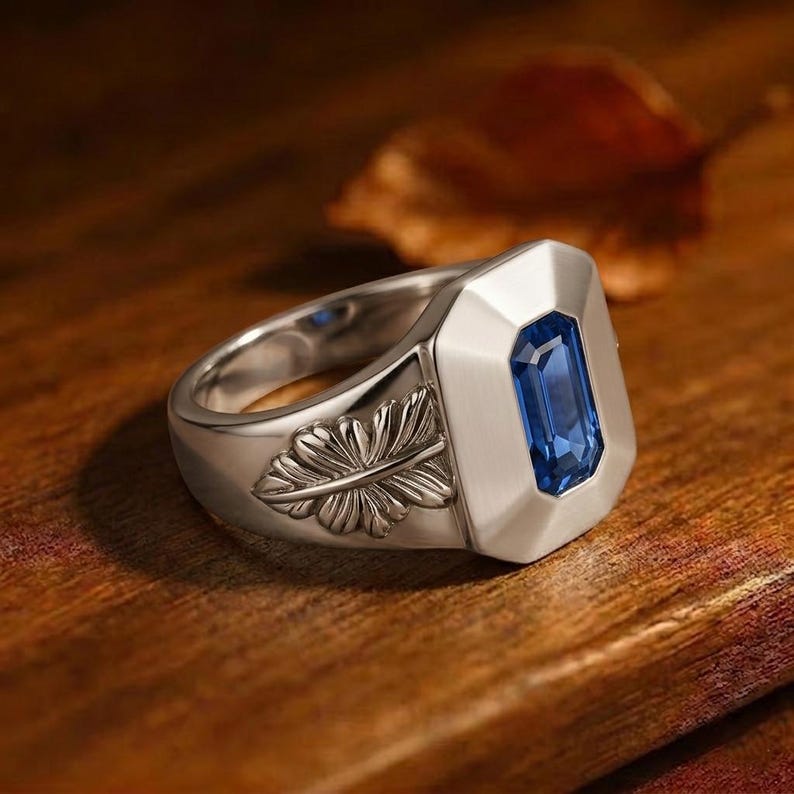 Blue Sapphire Ring 925 Sterling Silver Signet, Men's Wedding Ring - Etsy