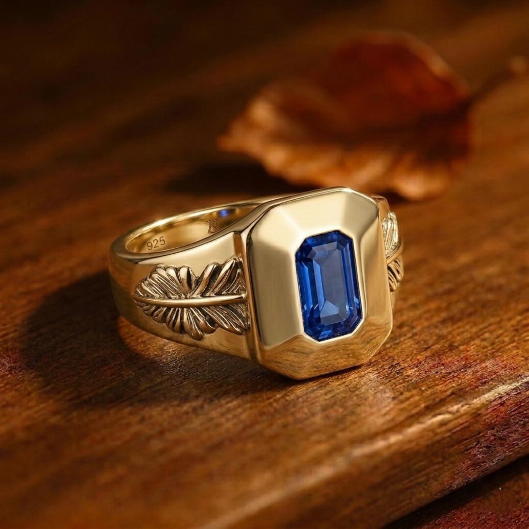 Blue Sapphire Ring 925 Sterling Silver Signet, Men's Wedding Ring - Etsy