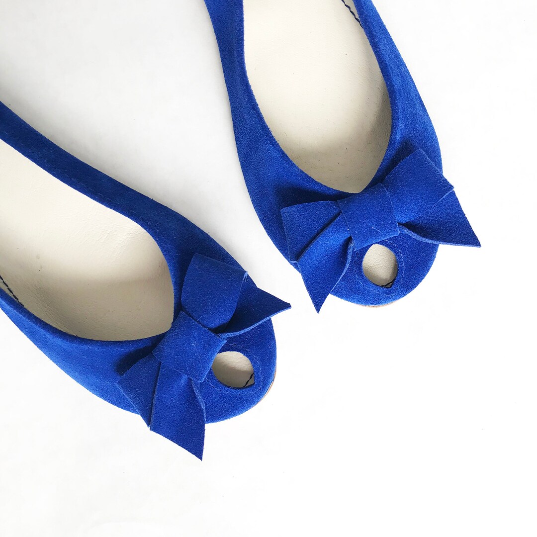 Peep Toes Ballerinas Shoes With Bow in Royal Blue Italian Leather ...
