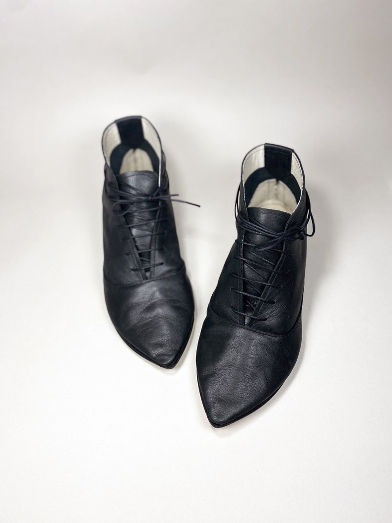 Womens Lace up Ankle Boots in Black Italian Leather, Handmade Low Heel ...