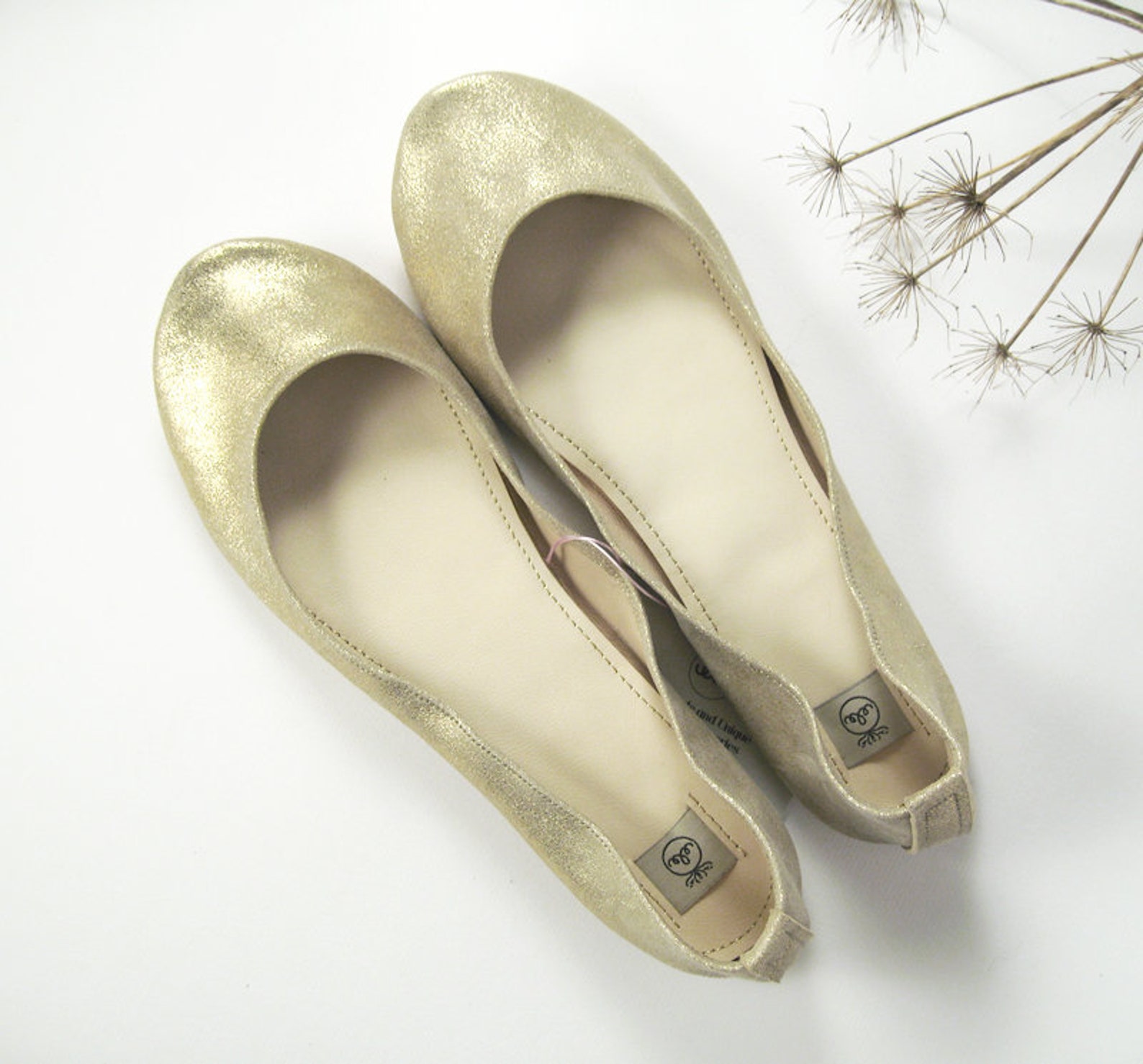 Ballet Flats Shoes in Soft Gold Italian Leather, Handmade Bridal ...