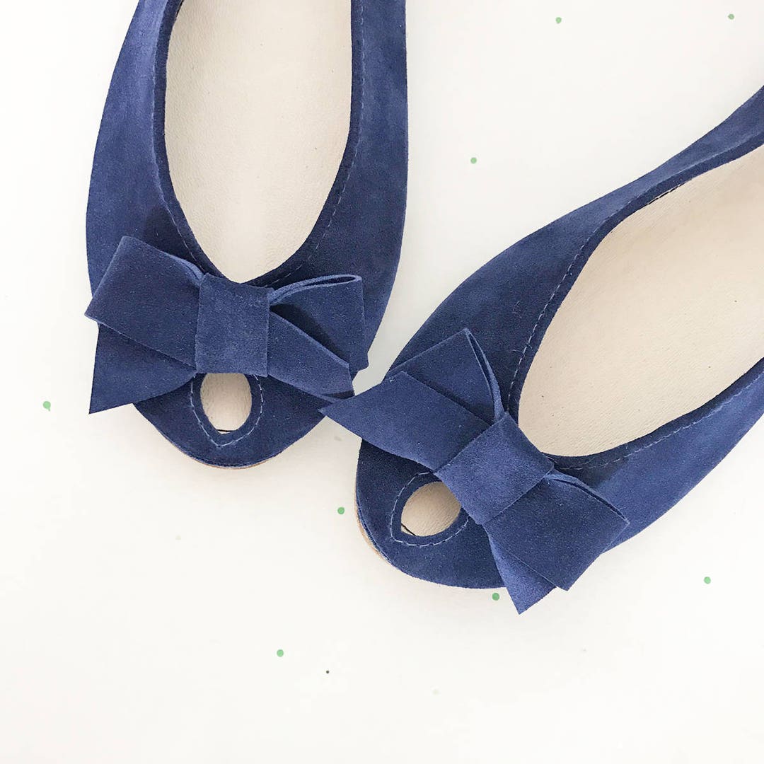 Ballerinas Shoes With Open Toe and Bow in Navy Dark Blue Soft Italian ...