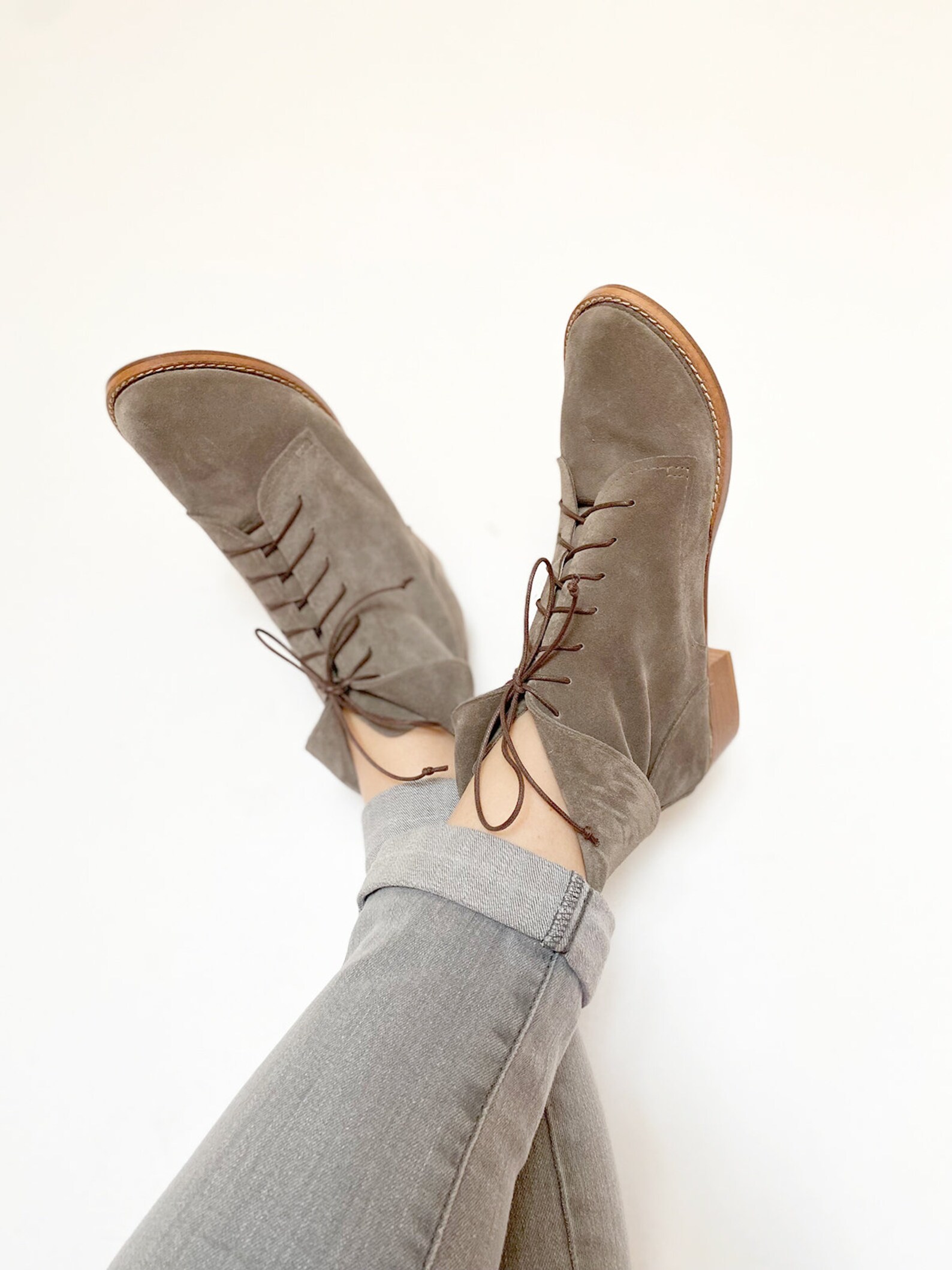 Women Ankle Boots in Brown Italian Soft Leather, Lace up Medium Heel ...