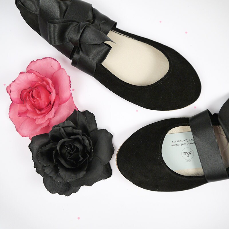 Ballet Flats Shoes in Black Italian Leather With Satin Ribbon ...