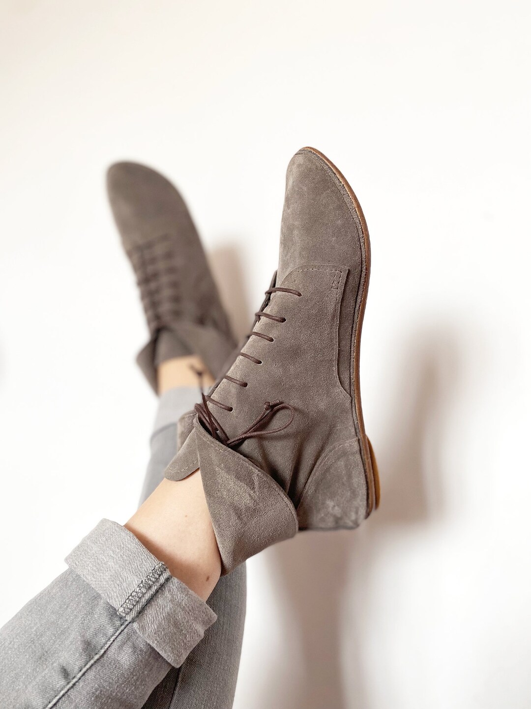 Women Ankle Boots in Brown Italian Soft Leather, Lace up Low Heel ...