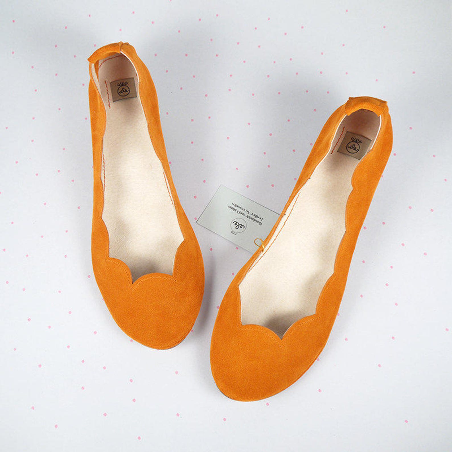 Ballet Flats Shoes in Tangerine Orange Italian Soft Leather, Scalloped ...