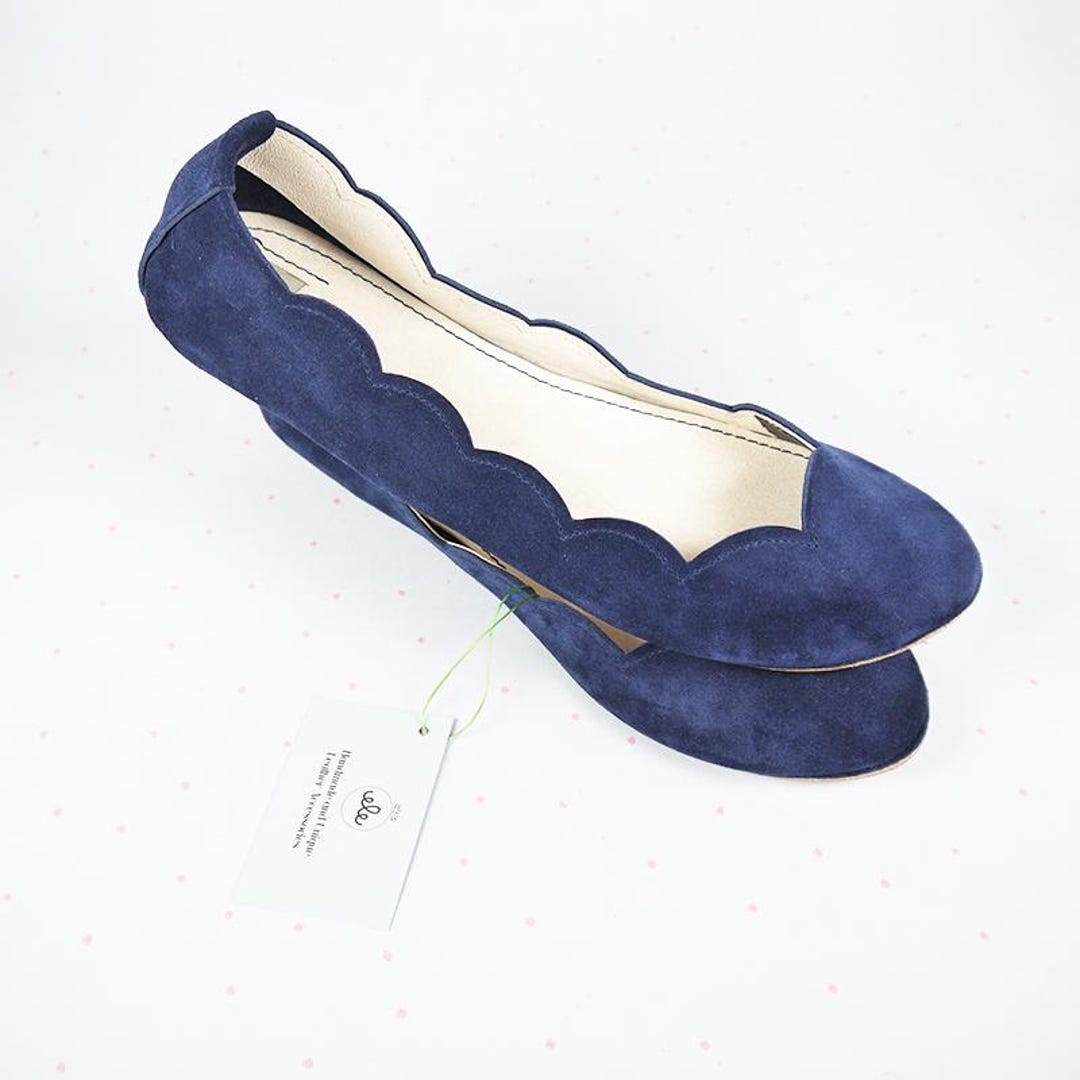 Navy Blue Suede Ballet Flats, Scalloped Leather Ballerinas, Elehandmade ...