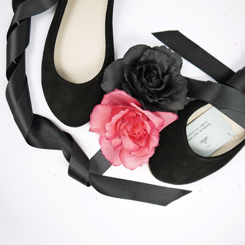 Ballet Flats Shoes in Black Italian Leather With Satin Ribbon ...