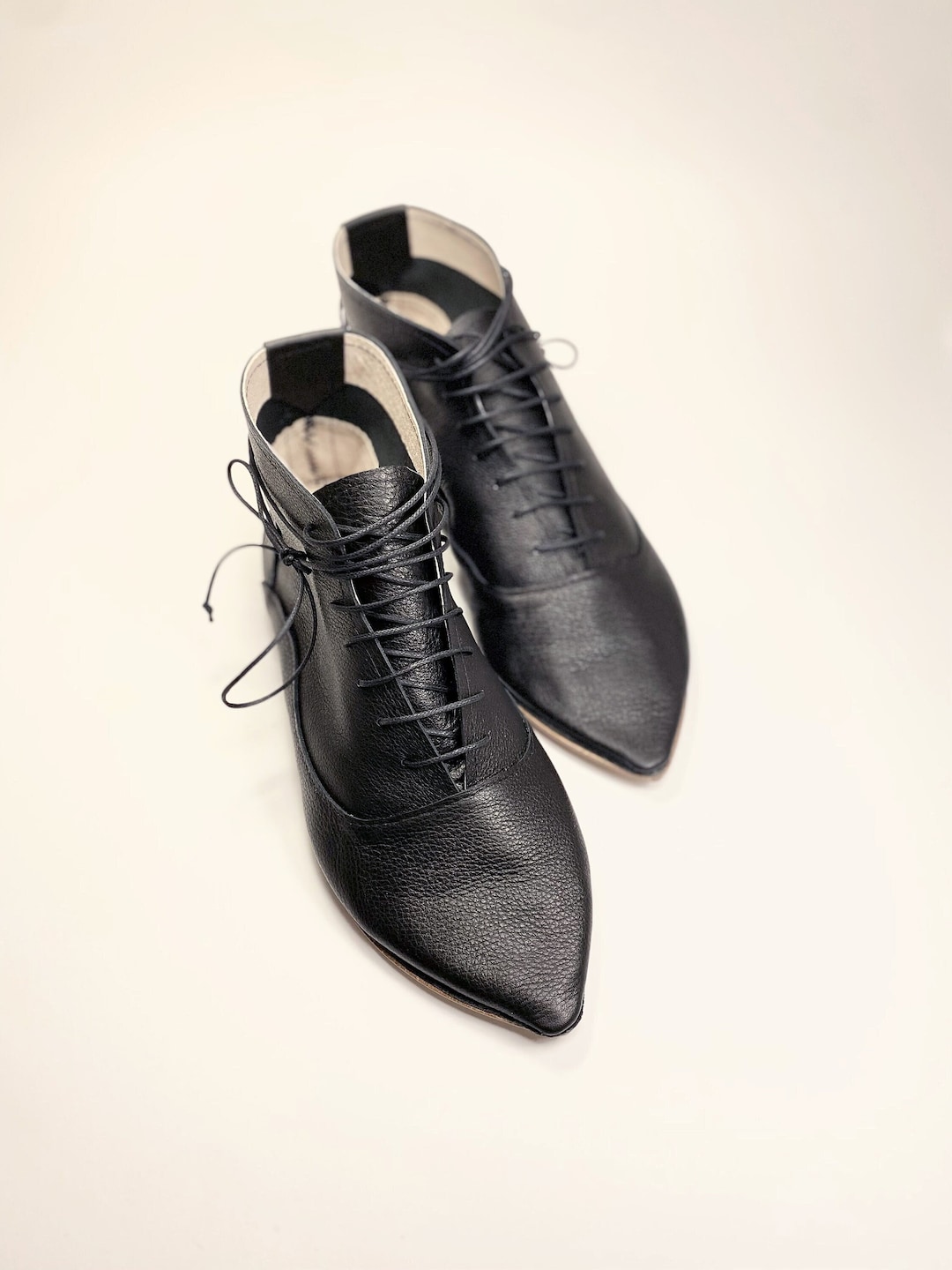 Womens Lace up Ankle Boots in Black Italian Leather, Handmade Low Heel ...