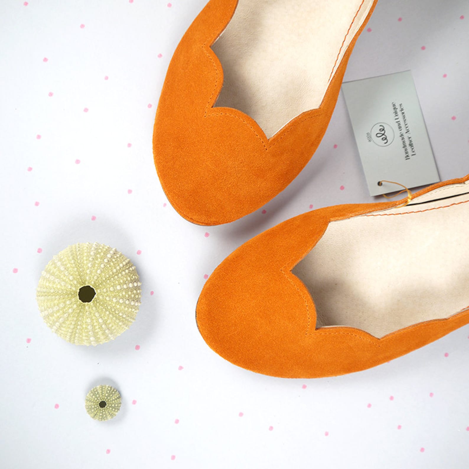 Ballet Flats Shoes in Tangerine Orange Italian Soft Leather, Scalloped ...