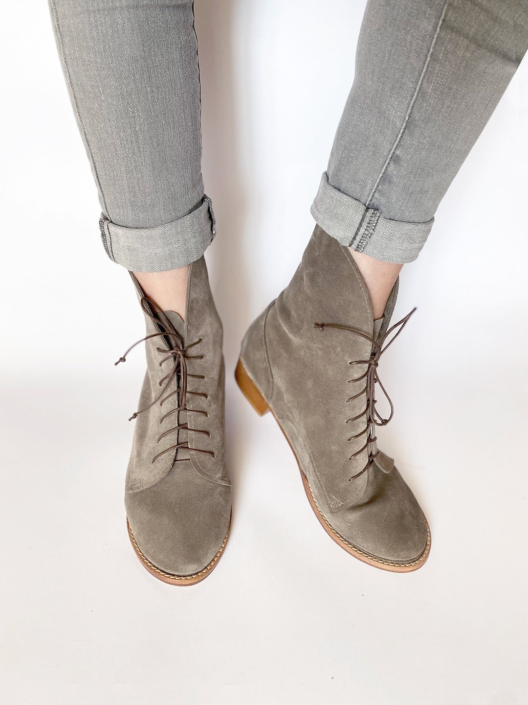 Women Ankle Boots in Brown Italian Soft Leather, Lace up Medium Heel ...