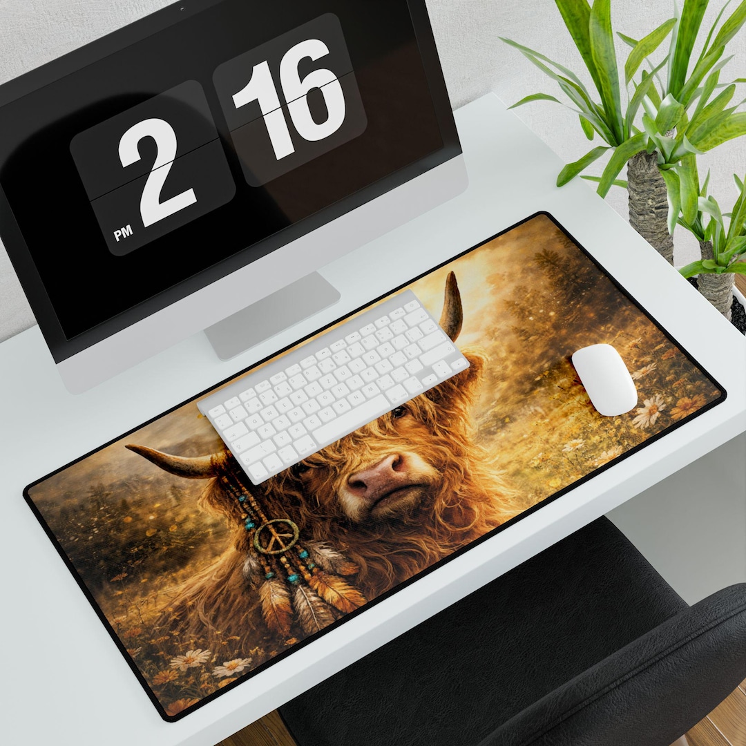 Highland Cow Desk Mat | Boho Wildflower Meadow, Cottagecore Office - Etsy