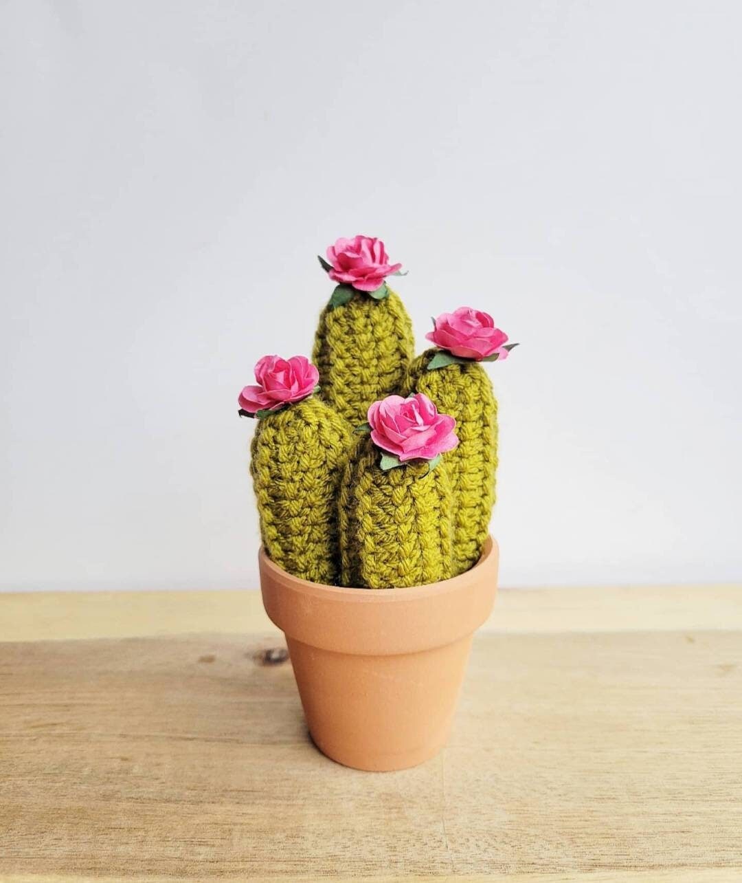 Knitted Cactus Plant • Lime Green Color • Pink Roses - Etsy