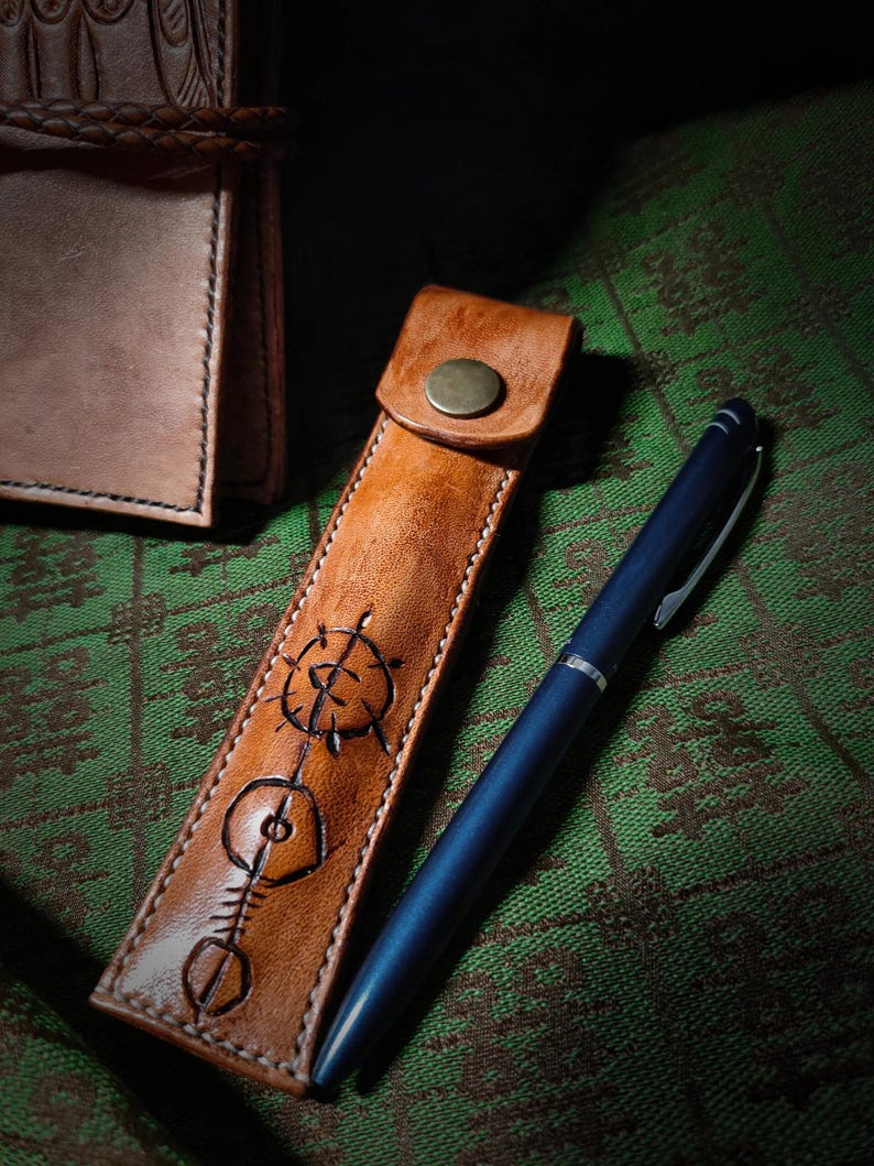Handmade Retro Carving Fishbone & Sun Leather Pen Sleeve,handmade Pen ...