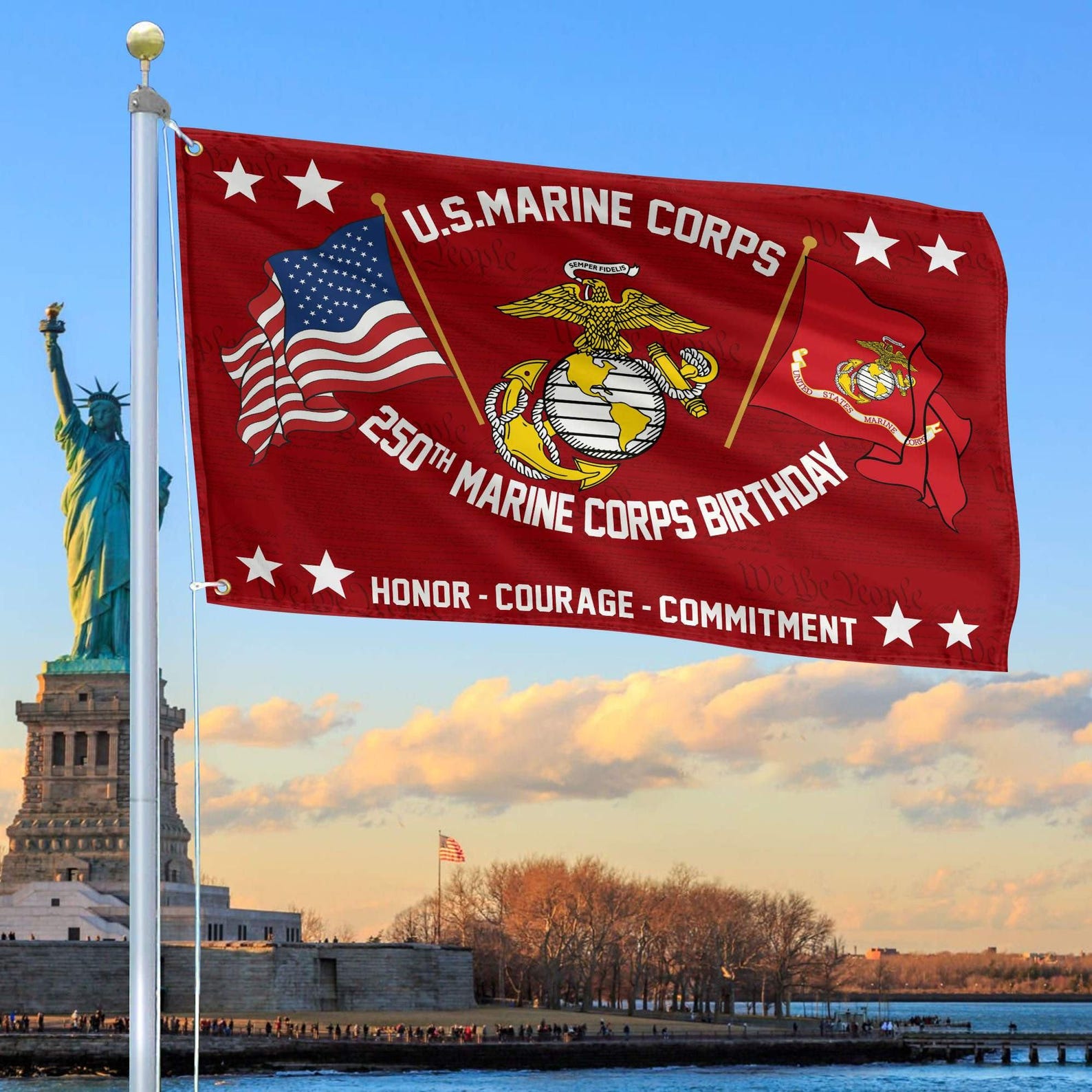 USMC 250th Marine Corps Birthday Flag | Honor Courage Commitment Grommet Flag | Patriotic ...