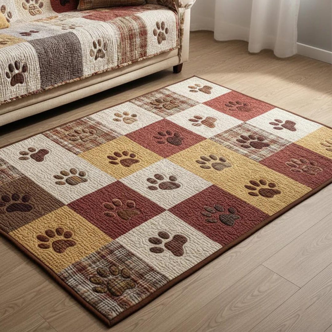 Adorable Paw Print Patchwork Area Rug, Cozy Quilted Pet Lover Rug ...