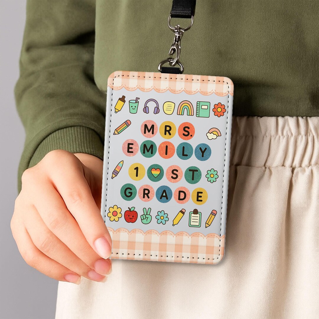 Colorful Teacher ID Badge, Custom Name Tag for Mrs. Emily, 1st Grade ...