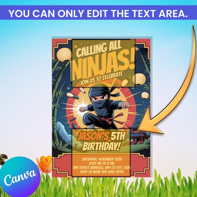 Editable Ninja Birthday Invitation: Comic Style Kids Party (instant ...