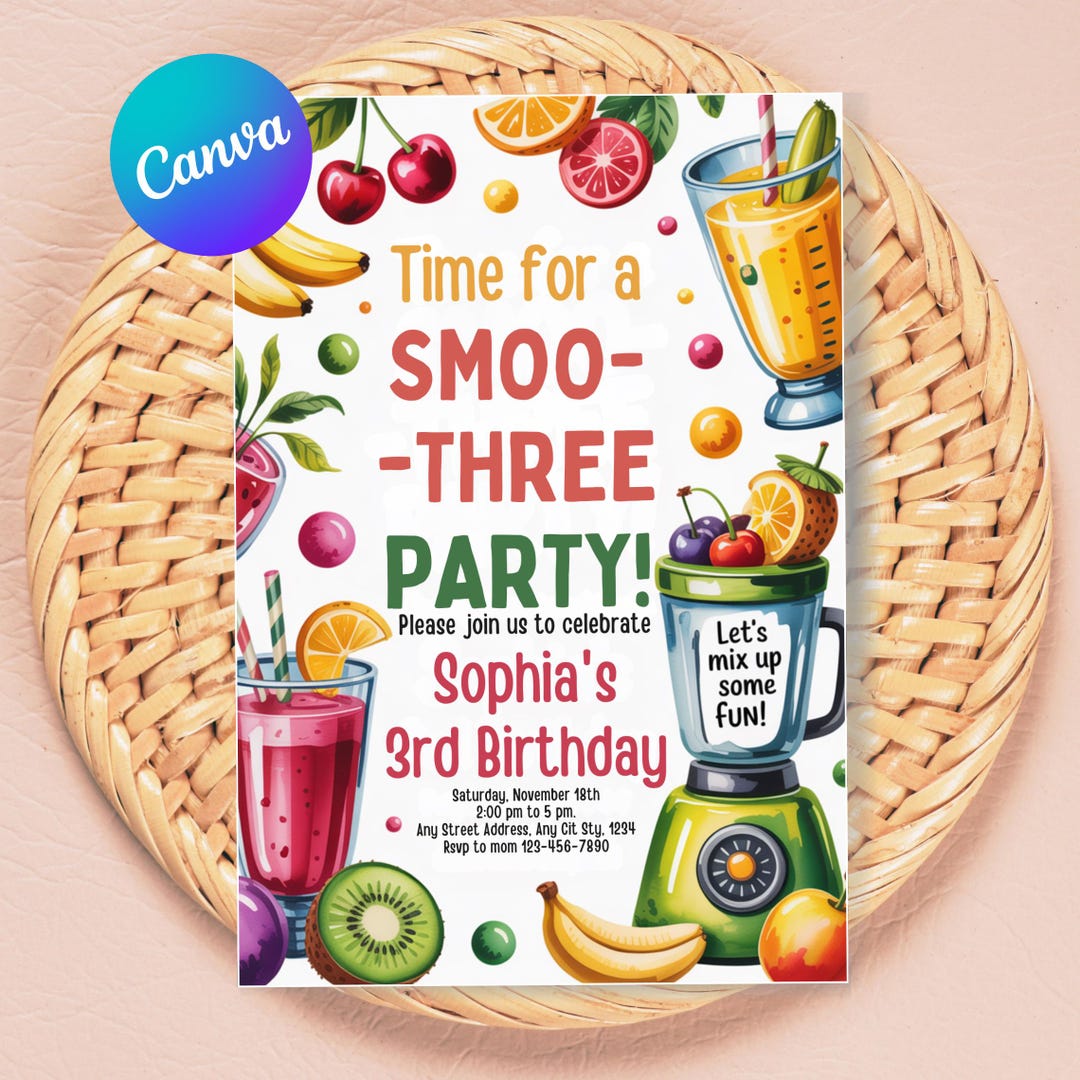 Editable Smoothie Birthday Invitation 3rd Tropical Fruit Party Card ...