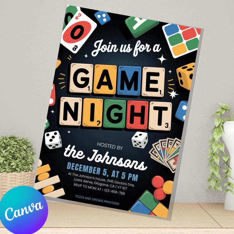 Game Night Video Invitation Canva | House Party Board Games Editable ...