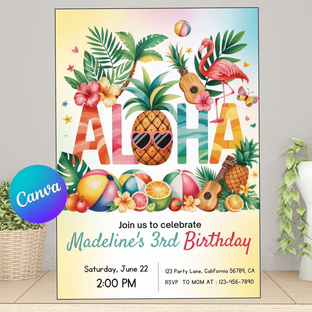 Tropical Birthday Invitation Template: Luau Pool Party, Pineapple ...