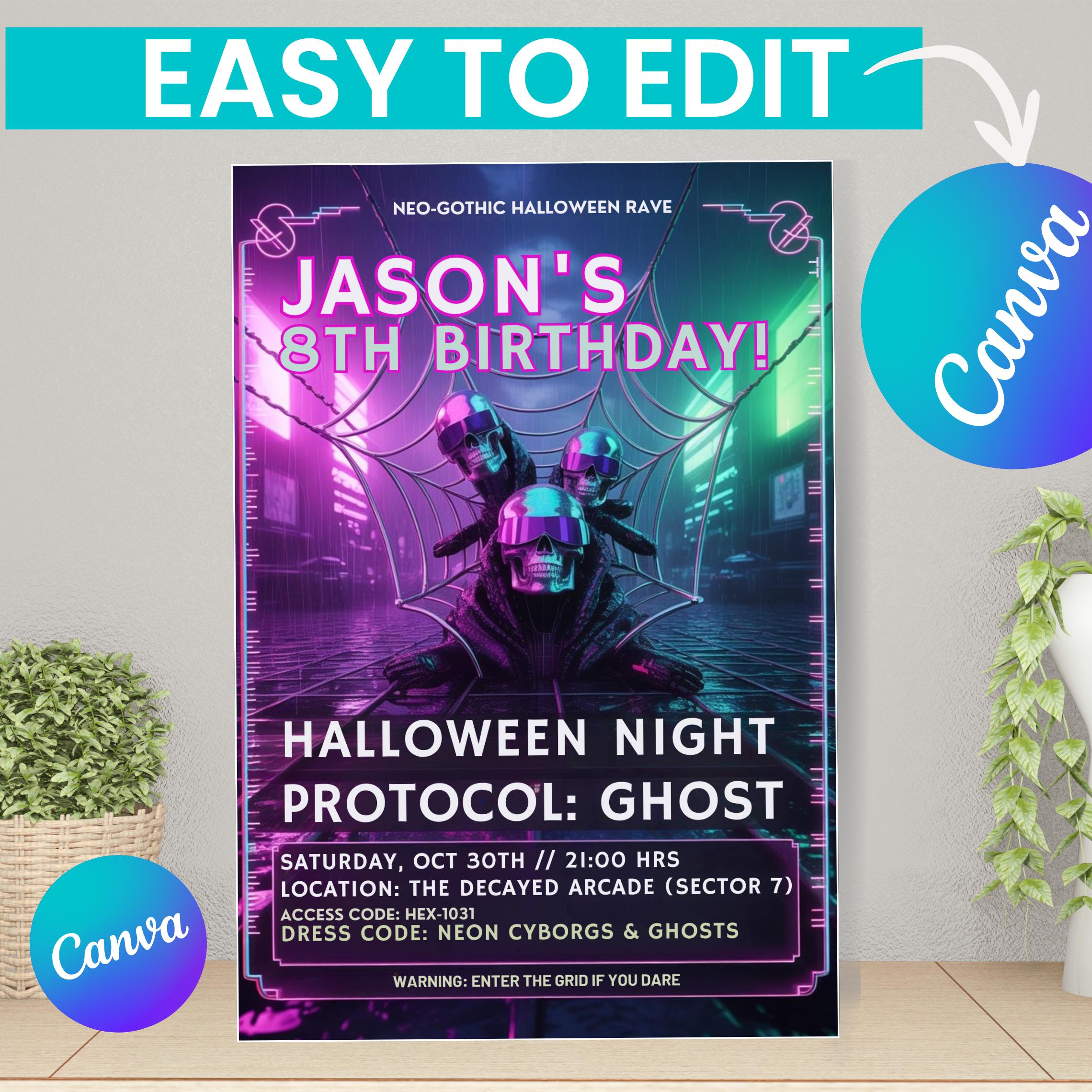 Halloween Birthday Invitation Boy | Neon Cyberpunk Party Invite ...