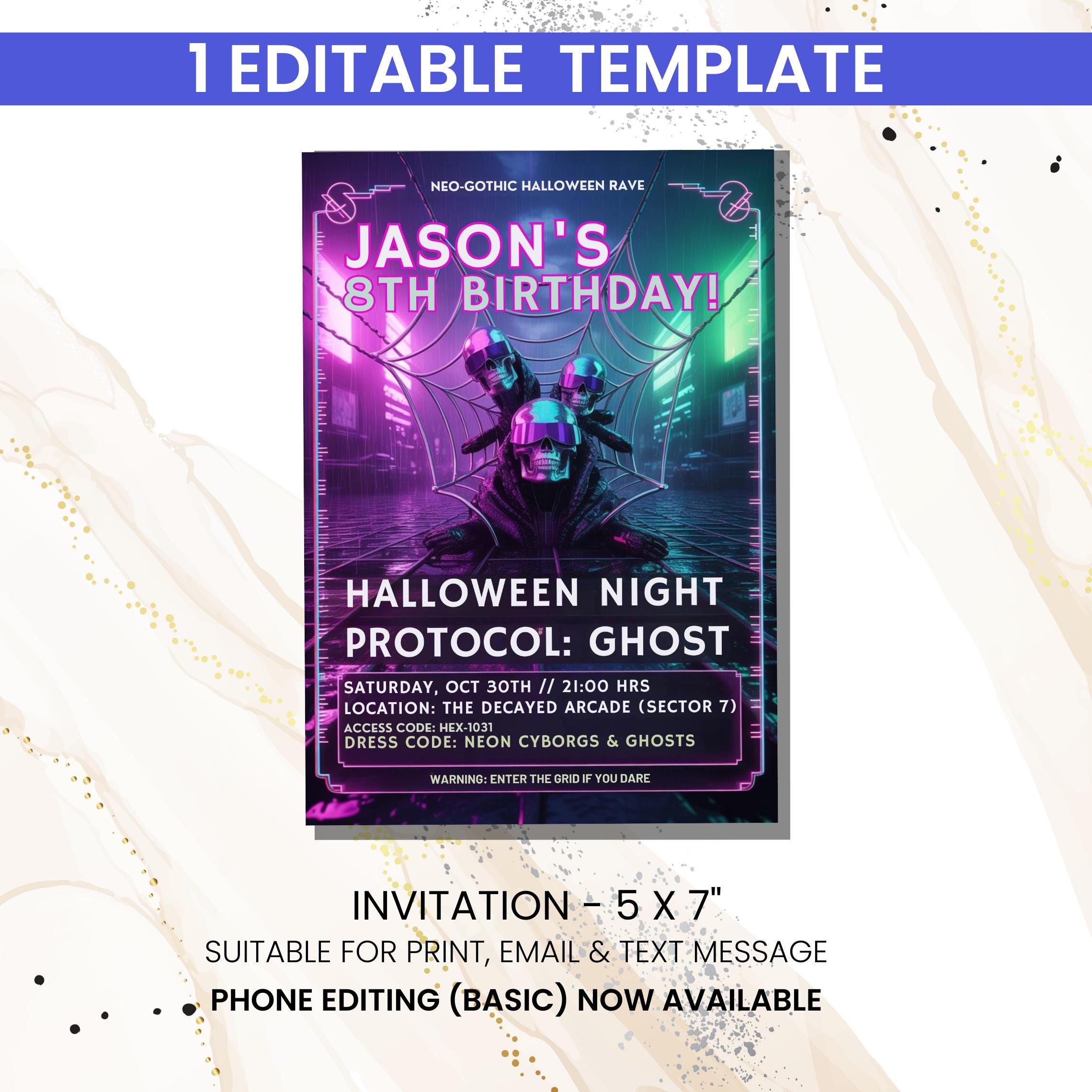 Halloween Birthday Invitation Boy | Neon Cyberpunk Party Invite ...