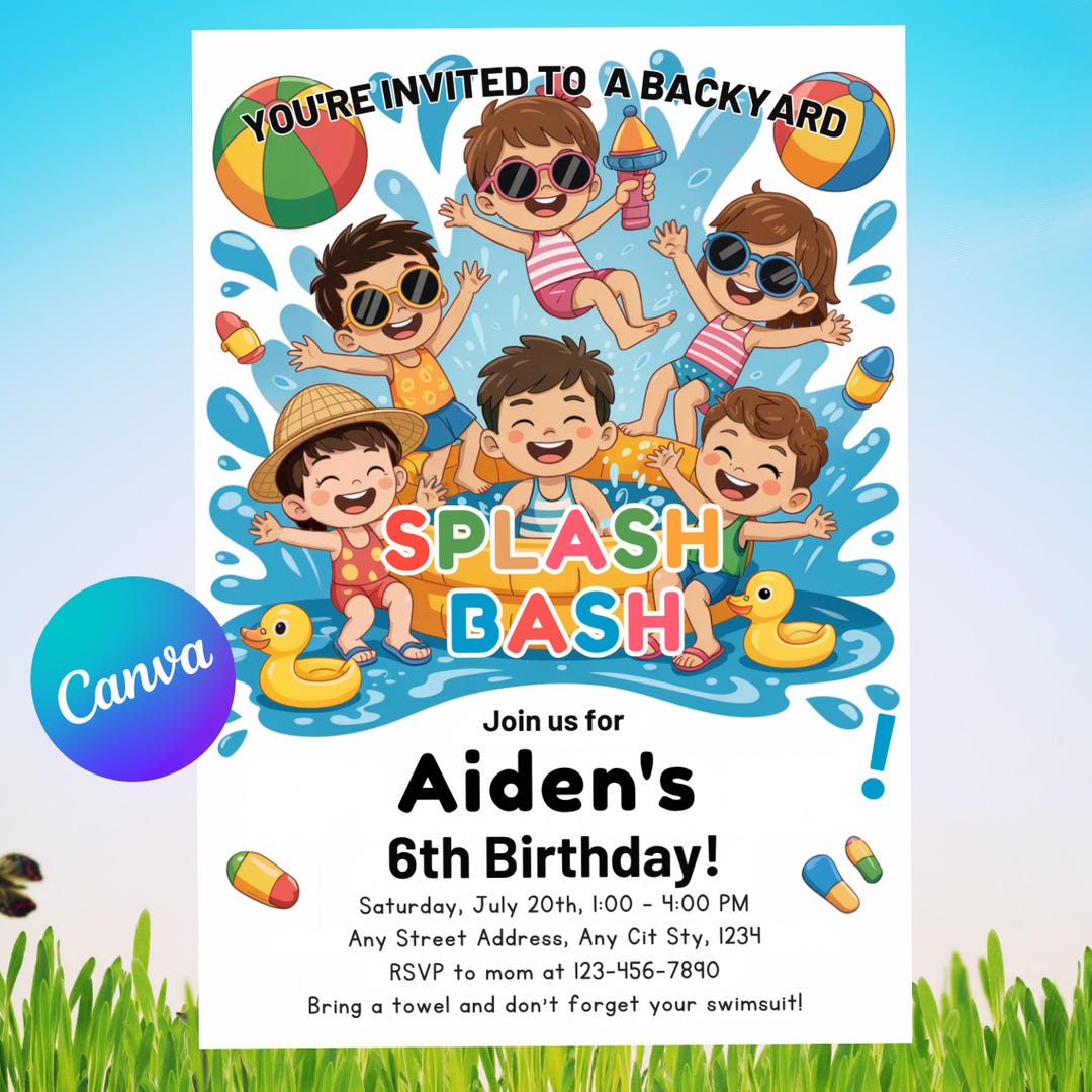 Water Bash Birthday Invitation: Editable Splash Party Card (digital ...