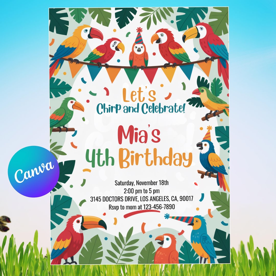 Tropical Parrot Birthday Invitation: Jungle Bird Party, Canva Template ...