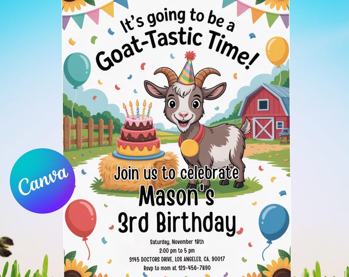 Goat Birthday Party Invitation, INSTANT DOWNLOAD, Join the Herd, Billy ...