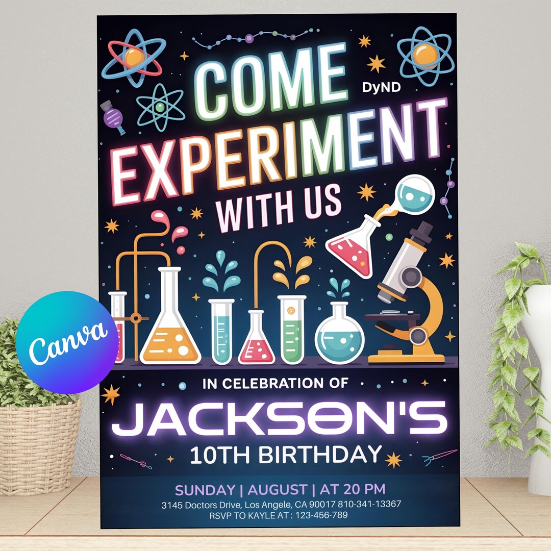 Mad Science Birthday Invitation: Neon Lab, Rainbow Experiment (editable ...