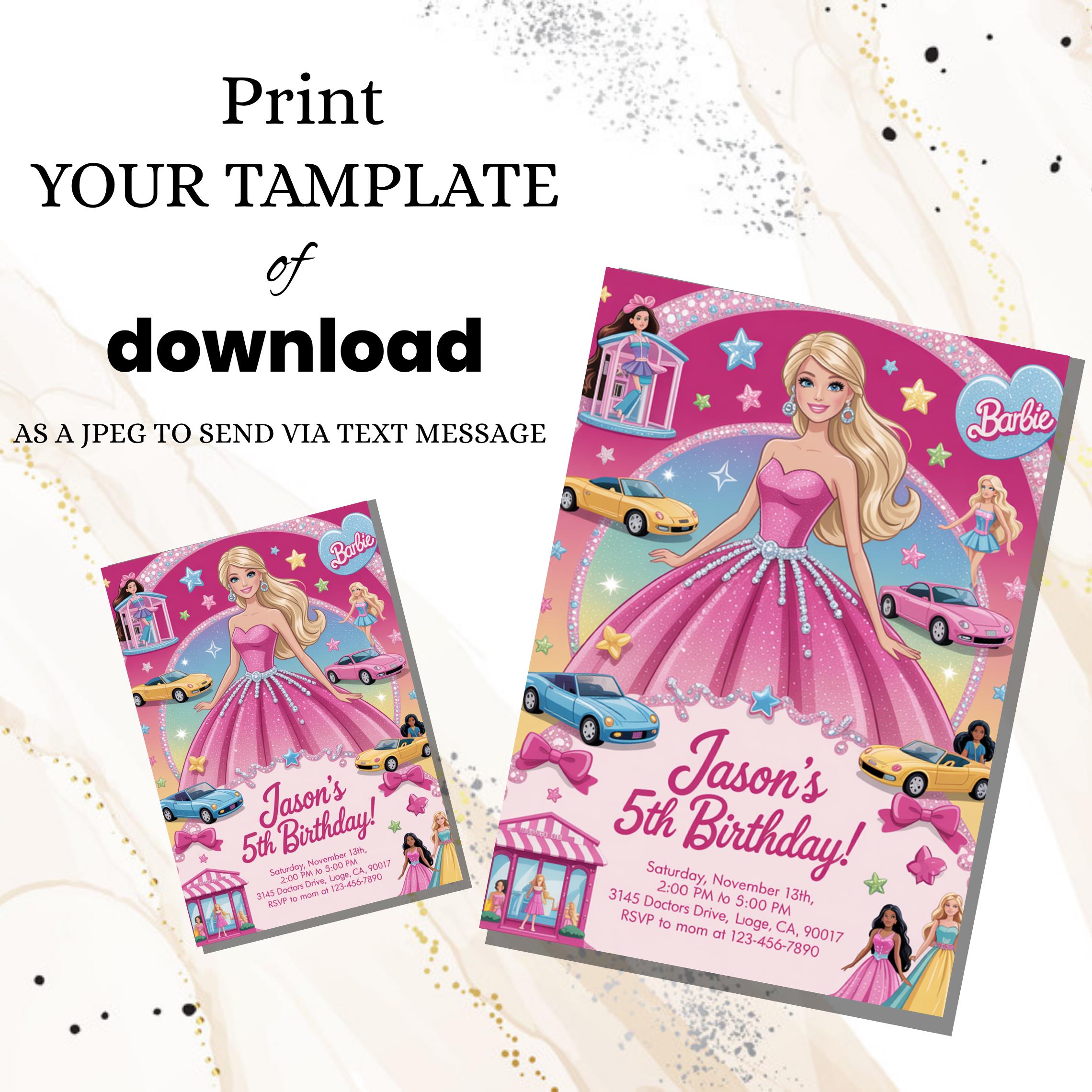 Barbie Theme Birthday Invitation Editable Template for Girls Party ...