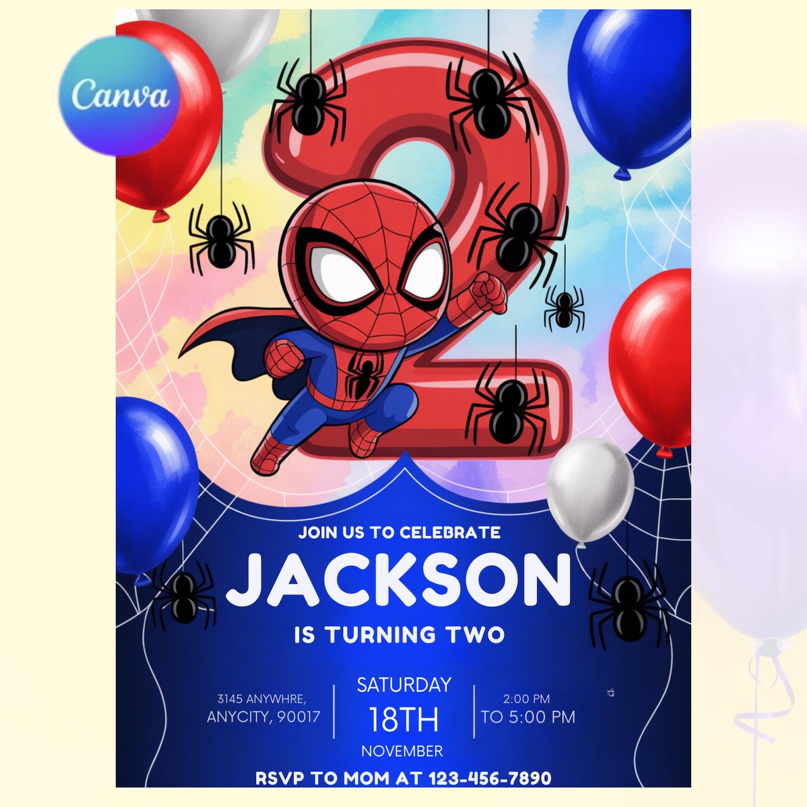 2nd Spidey Blue Birthday Invitation Canva | Superhero Party Invite ...