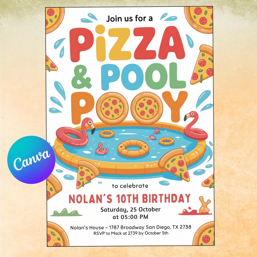 Editable Pizza Pool Party Invitation: Boy Birthday, Canva Template (5x7 ...