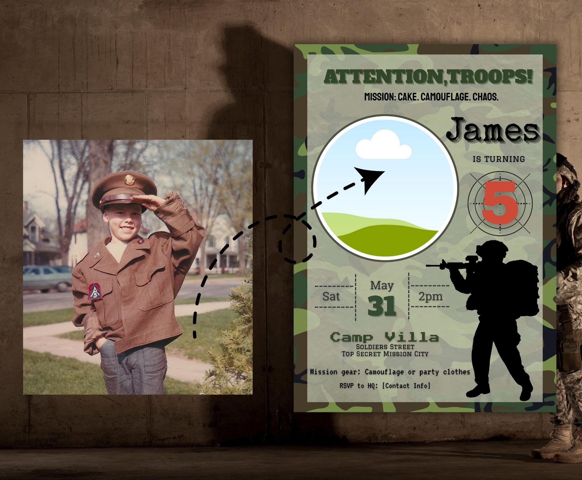 Editable Soldier Birthday Invitation & Thank You Tag Template in Canva ...