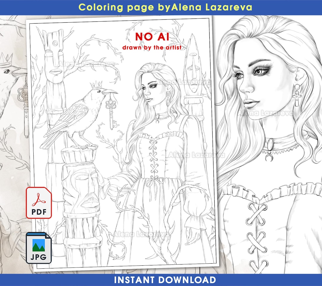 Princess and Raven Coloring Page: Printable Instant Download. Artist ...