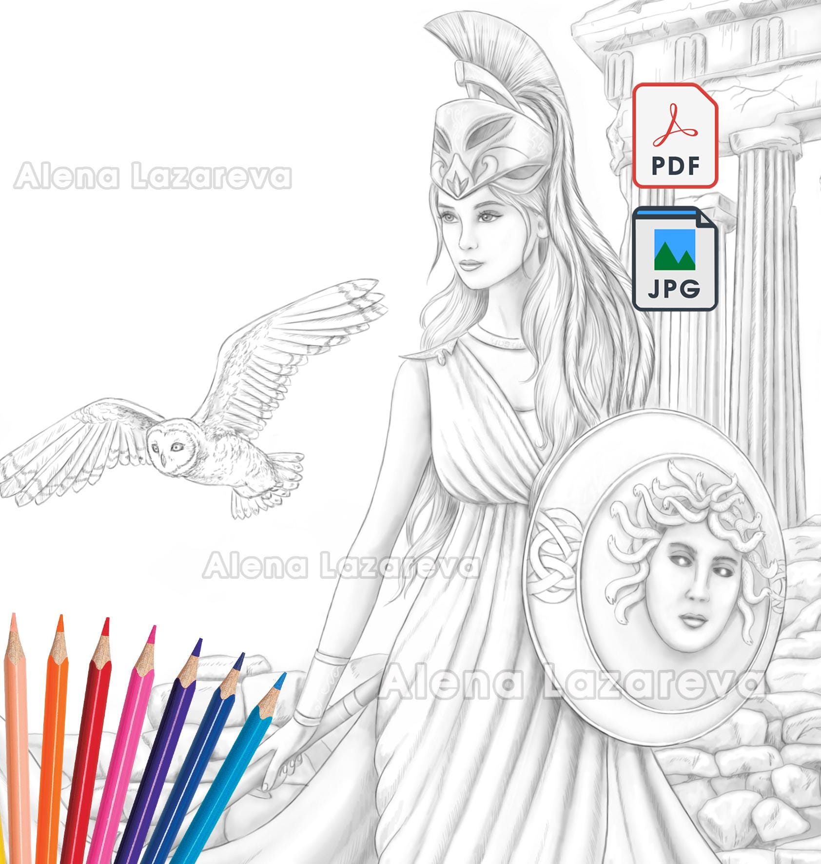 Coloring Page Athena Grayscale Digital by Artist Alena Lazareva ...