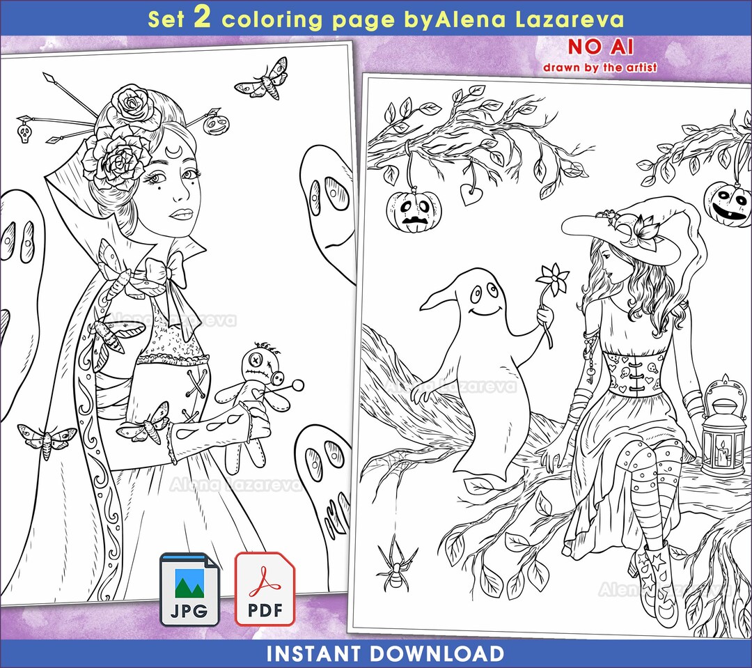 Halloween Coloring Pages: Witches & Ghosts, Hand-drawn by Alena ...