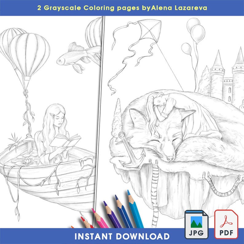 Set 2 Hand Drawn Coloring Pages Dreams by Artist Alena Lazareva Digital ...