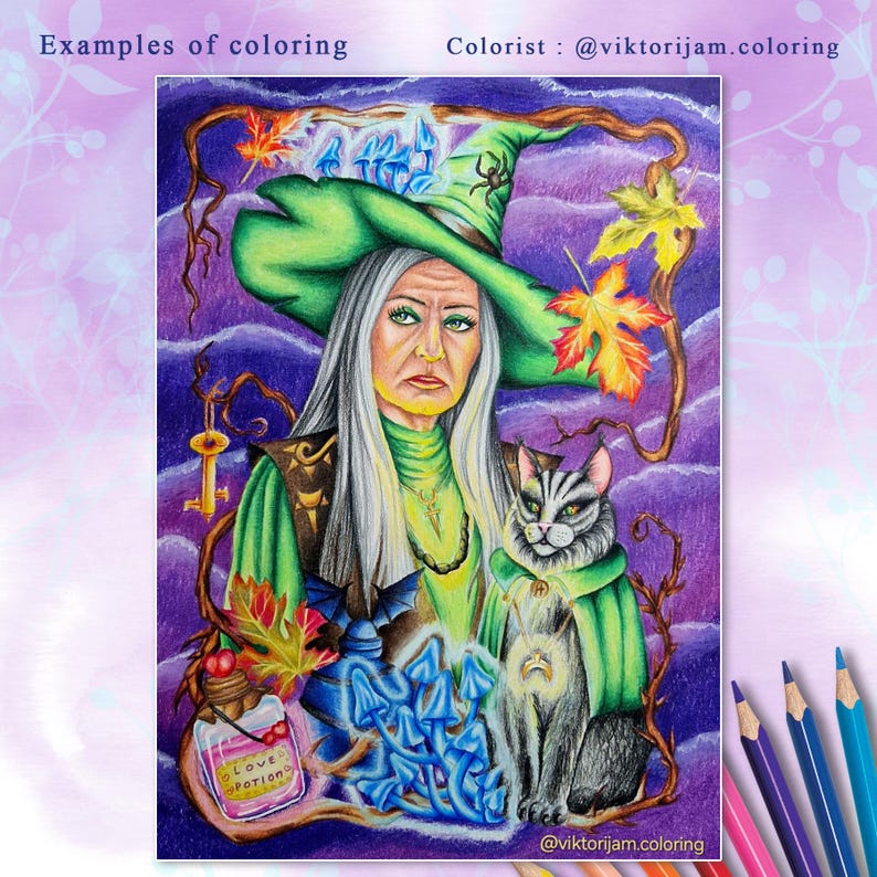 Witch and Clown Grayscale Coloring Pages: Hand-drawn Art (PDF, JPG) - Etsy