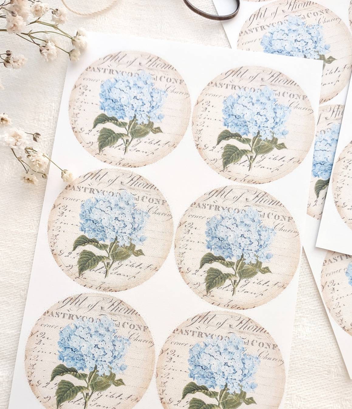 Hydrangea Stickers Blue, 1.5 Inch Round Seals, Set of 10, Blue Floral ...