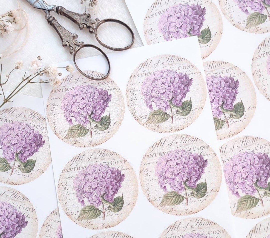 Hydrangea Stickers Purple, 1.5 Inch Round Seals, Set of 10, Floral ...
